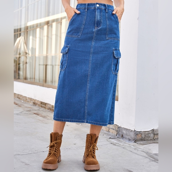 Skirts | Highrise Midi Retro Cargo Side Pocket Elastic Waist Denim Jean ...